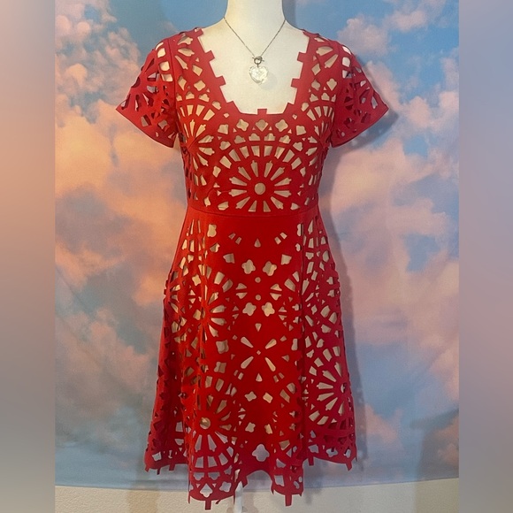 Gracia | Dresses | Beautiful Red Laser Cut Mini Dress | Poshmark